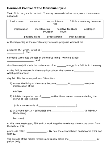 Hormonal Control of the Menstrual Cycle - gap fill exercise | Teaching ...