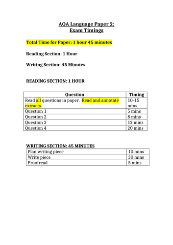 Timings for AQA Language Papers 1 & 2 | Teaching Resources