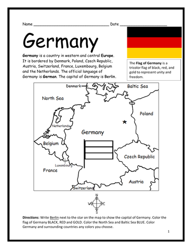 GERMANY - Introductory Geography Worksheet with map and flag | Teaching ...