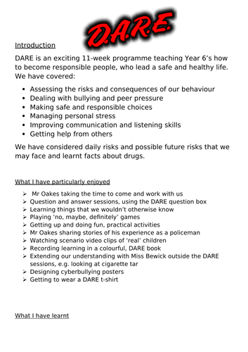 Year 6 DARE report template | Teaching Resources