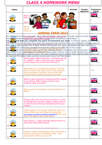 An exciting and comprehensive KS2 homework menu based on the theme of ...