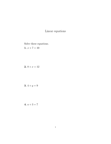 Linear equations (introduction) worksheet no 2 (with solutions ...