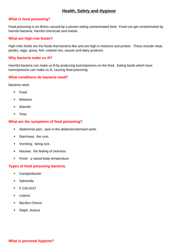 Revision notes on Health and Safety, First Aid, Food hygiene, Food ...