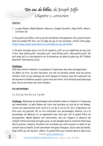 Un sac de billes - Etude du chapitre 1 | Teaching Resources