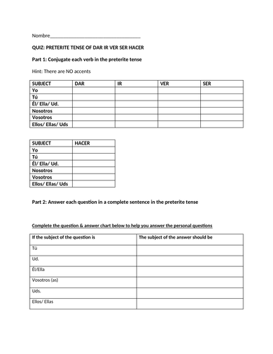 Quiz dar ir ser ver hacer preterite | Teaching Resources