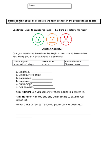 French prendre and food | Teaching Resources