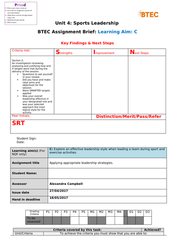 BTEC L3 Sport: Unit 4 Sports Leadership | Teaching Resources