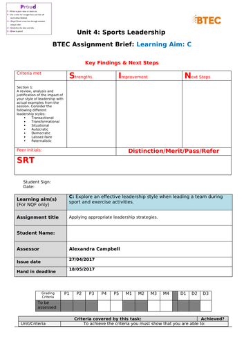 BTEC L3 Sport: Unit 4 Sports Leadership | Teaching Resources