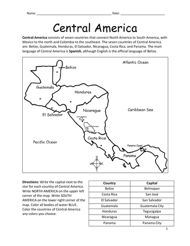 Central America - Countries and Capitals - Printable Handout | Teaching ...