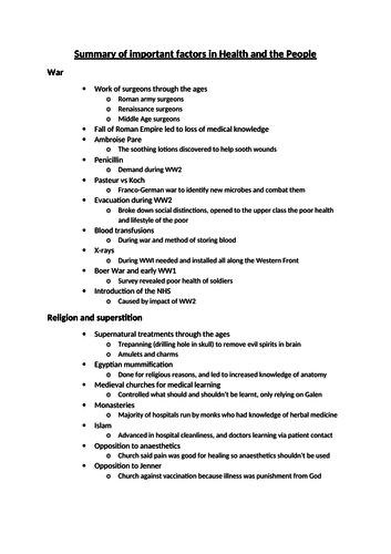 Summary of factors in AQA GCSE History: Health and the People ...