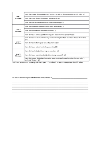 AQA Structure Question Paper 1 Question 3 marking grid | Teaching Resources