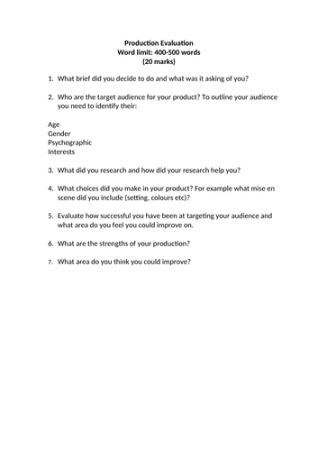 Production, Research, Planning and Evaluation | Teaching Resources