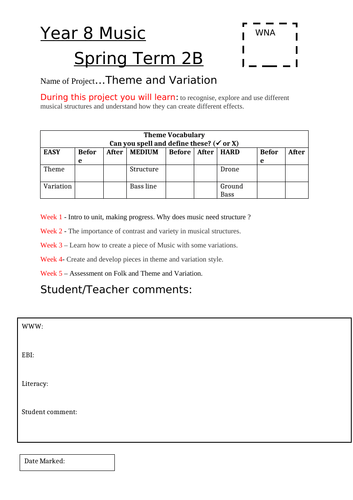 Music Student feedback sheets for Year 8 SoW | Teaching Resources