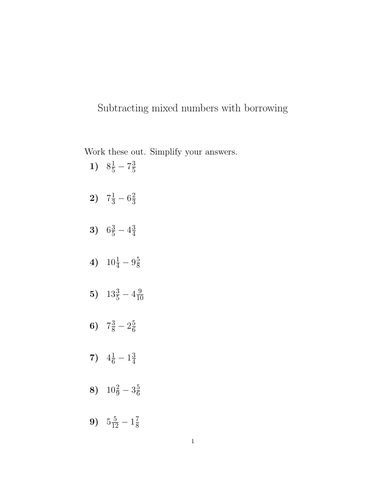 Subtracting mixed numbers with borrowing worksheet (with solutions ...