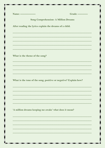 Song 'A Million Dreams' Listening comprehension worksheets +keys ...