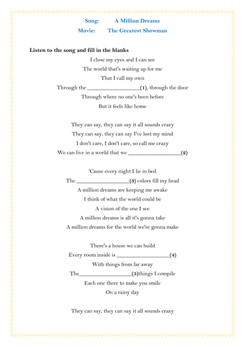 Song 'A Million Dreams' Listening comprehension worksheets +keys ...