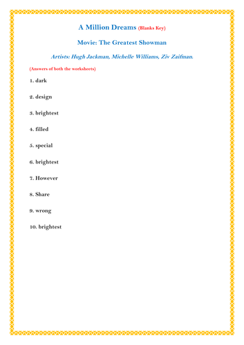 Song 'A Million Dreams' Listening comprehension worksheets +keys ...