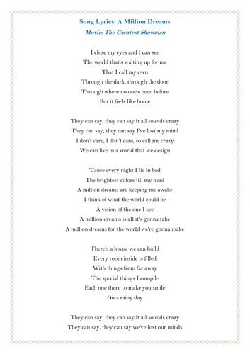 Song 'A Million Dreams' Listening comprehension worksheets +keys ...
