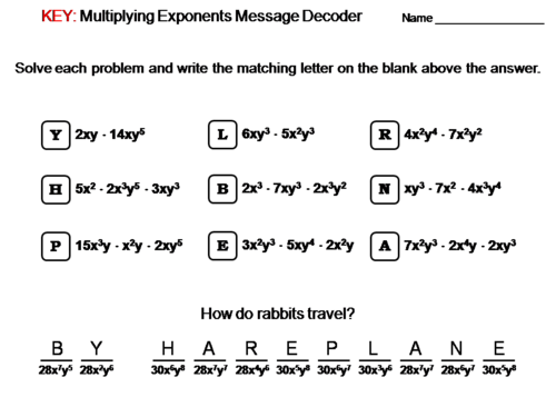 Multiplying Exponents Worksheet: Math Message Decoder | Teaching Resources