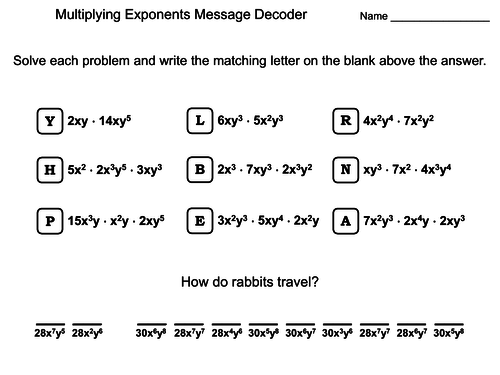 Multiplying Exponents Worksheet: Math Message Decoder | Teaching Resources