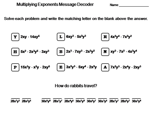Multiplying Exponents Worksheet: Math Message Decoder | Teaching Resources