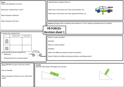 GCSE 9-1 Physics FORCES and MOTION revision mats (P8-10, with answers) | Teaching Resources