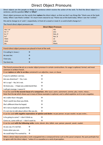 Les pronoms d'objet directs et indirects | Teaching Resources