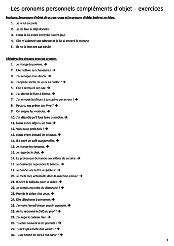 Les pronoms d'objet directs et indirects | Teaching Resources