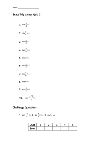 A-Level Exact Trig Values Weekly Quiz | Teaching Resources