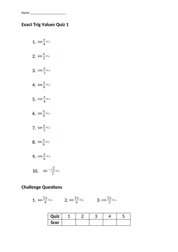 A-Level Exact Trig Values Weekly Quiz | Teaching Resources