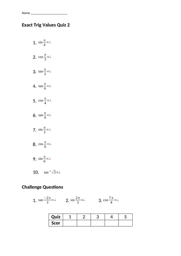 A-Level Exact Trig Values Weekly Quiz | Teaching Resources