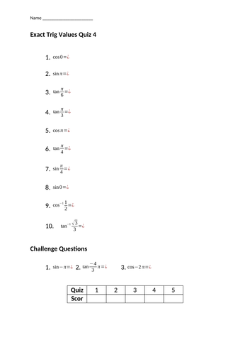 A-Level Exact Trig Values Weekly Quiz | Teaching Resources
