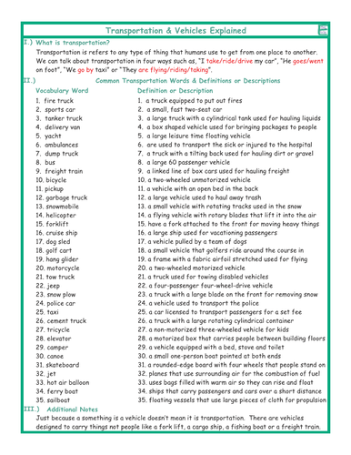 Transportation-Vehicles Explanation-Definitions | Teaching Resources