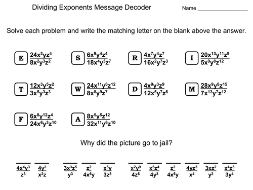 Dividing Exponents Worksheet: Math Message Decoder | Teaching Resources