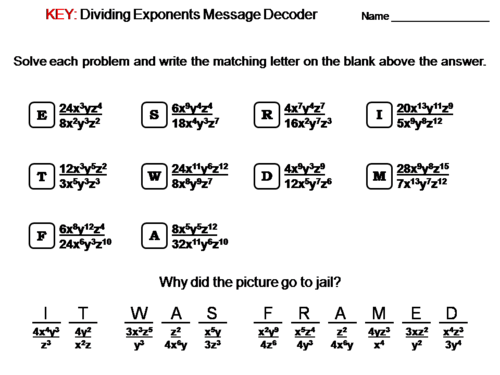 Dividing Exponents Worksheet: Math Message Decoder | Teaching Resources