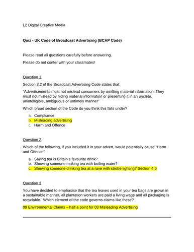 Quiz - UK Code of Broadcast Advertising (BCAP Code) L2 BTEC Media NQF ...