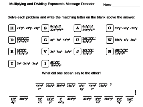 Multiplying and Dividing Exponents Worksheet: Math Message Decoder ...