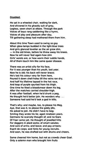 disabled - wilfred owen | Teaching Resources
