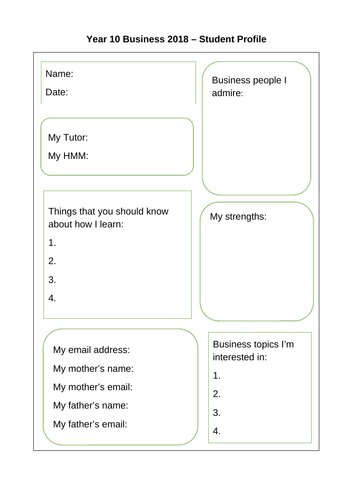 Year 10 Business 2018 - Student Profile Worksheet | Teaching Resources