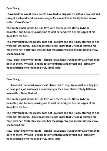 ‘Twelfth Night’ Diary Writing Features and Language Techniques ...