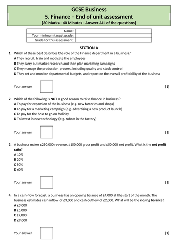 GCSE Business (9-1) OCR - Finance - Assessment & Revision resource pack ...