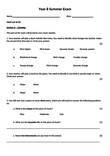 Year 8 Music - End of Year Exam | Teaching Resources
