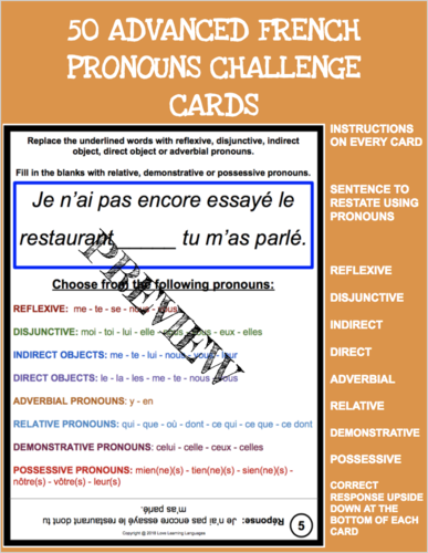Advanced French Grammar: 50 Pronoun Challenge Cards | Teaching Resources