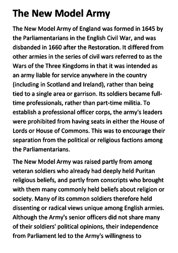 The New Model Army Handout | Teaching Resources