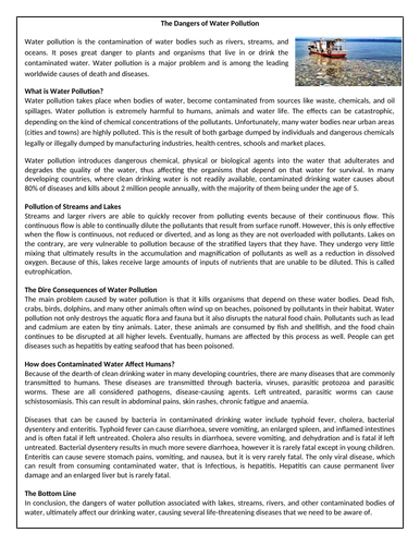 The Dangers of Water Pollution - Reading Comprehension - Informational ...