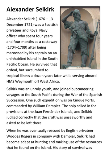 Alexander Selkirk Handout - the real Robinson Crusoe | Teaching Resources