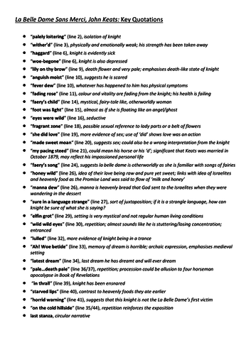 La Belle Dame Sans Merci Key Quotes (doc.) | Teaching Resources