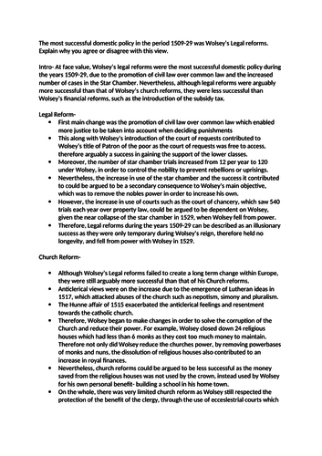 Wolsey's Domestic Policies Essay Plan | Teaching Resources