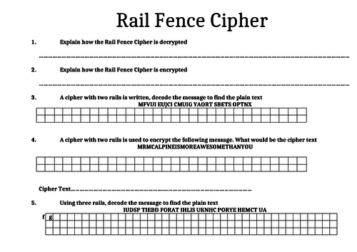 Igcse Rail Fence Cipher Encryption Decryption Task Teaching Resources