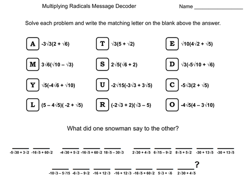 Multiplying Radicals Worksheet: Math Message Decoder | Teaching Resources